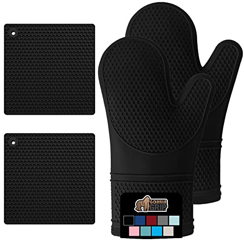 Gorilla Grip Heat and Slip Resistant Silicone Oven Mitt and Trivets Set, Waterproof, Cotton Lined Gloves, BPA-Free, Long Cooking Mitts and Trivet Mats, Kitchen Potholder Sets for Pans, 4 Pieces, Black