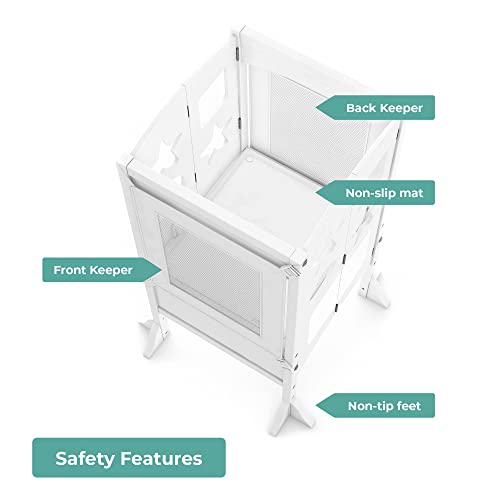 Guidecraft Classic Kitchen Helper® Stool - White with 2 Keepers and Non-Slip Mat: Foldable, Adjustable Height Safety Cooking Tower for Toddlers with Chalkboard and Whiteboard Message Boards