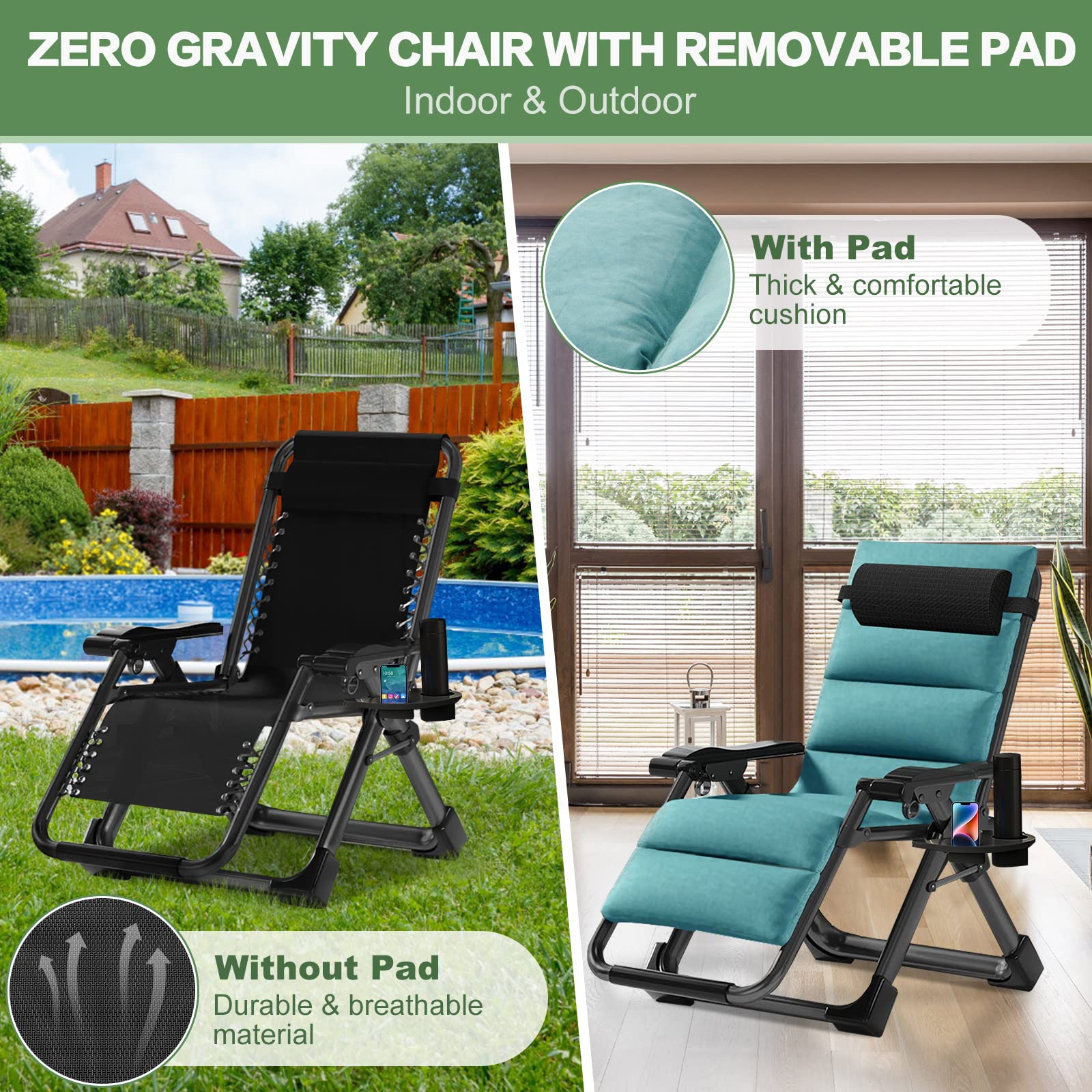 Barbella Zero Gravity Chair Reclining Lounge Chair Patio Chairs, Adjustable Lawn Recliner Folding Lounge Recliners with Removable Cushion, Headrest & Cup Holder, Reclining Chair for Indoor and Outdoor