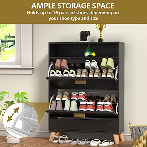 Gyfimoie Shoe Storage Cabinets, Free Standing Shoe Organizer with 2 Flip Drawers for Entryway, Narrow 3 Tier Entryway Hidden Shoe Rack with Doors (Black)