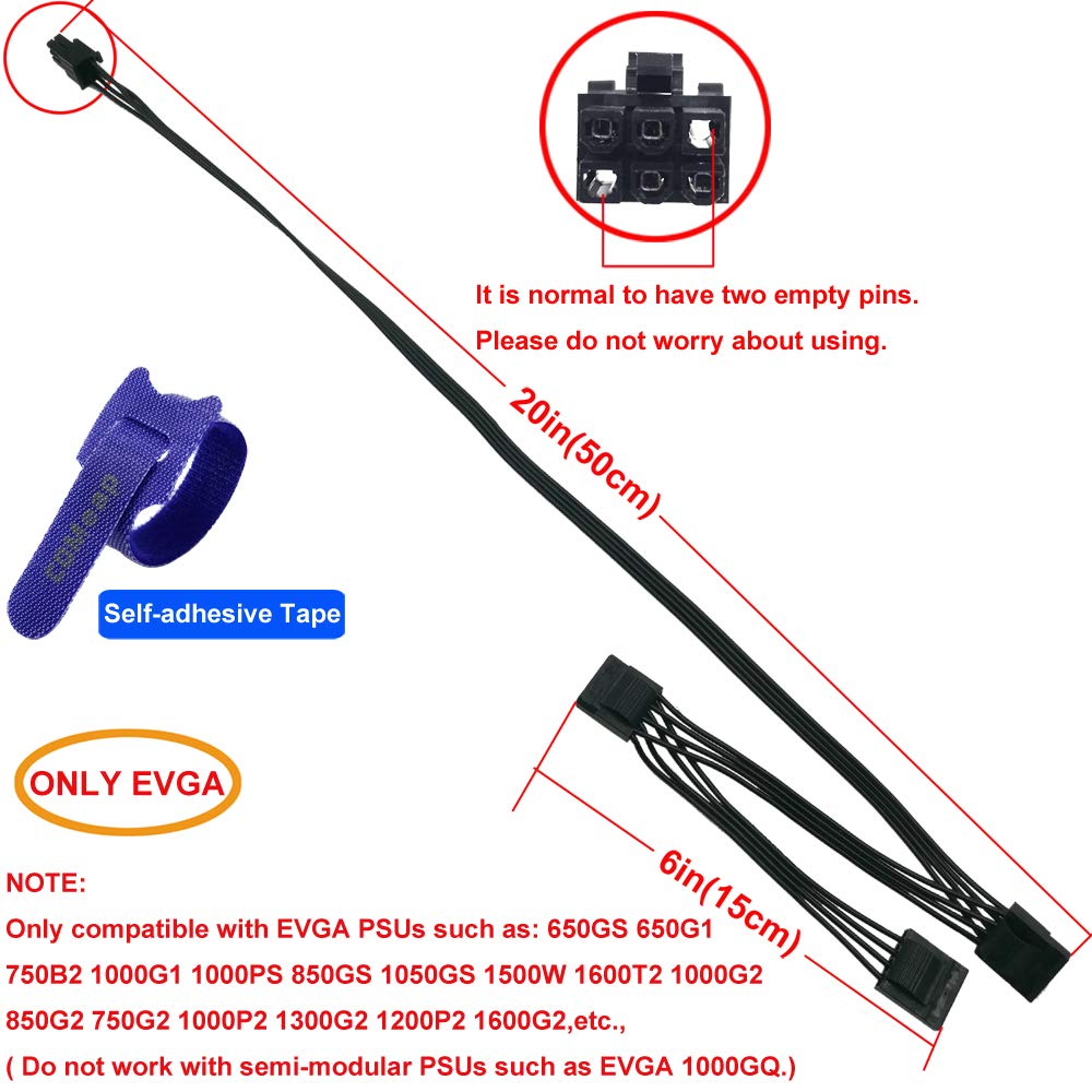 COMeap Molex Power Cable for EVGA PSUs, 6 Pin to 3X 4 Pin Molex Hard Drive Adapter Splitter for Some Specific Types of EVGA Power Supply 20-in(50cm)