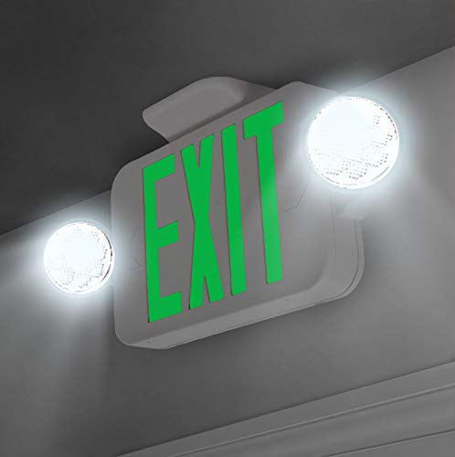 LFI Lights | Combo Green Exit Sign with Emergency Lights | White Housing | All LED | Two Adjustable Round Heads | Hardwired with Battery Backup | UL Listed | (2 Pack) | COMBOJR2-G