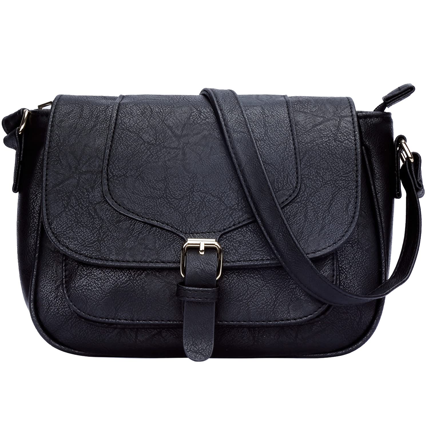 KKXIU Small Lightweight Crossbody Purses for Women Saddle Vintage Vagen Leather Shoulder Handbags (A-Black)