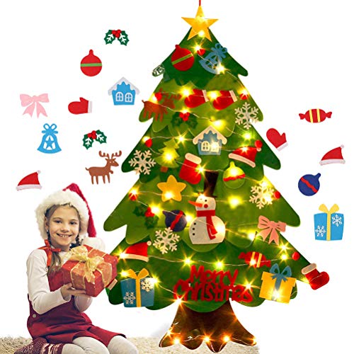 Bonwuno Christmas Tree Felt, 29 * 25 * 6 Felt Christmas Tree DIY Soft Christmas Tree with Ornaments and Fairy Lights (Assorted Color)