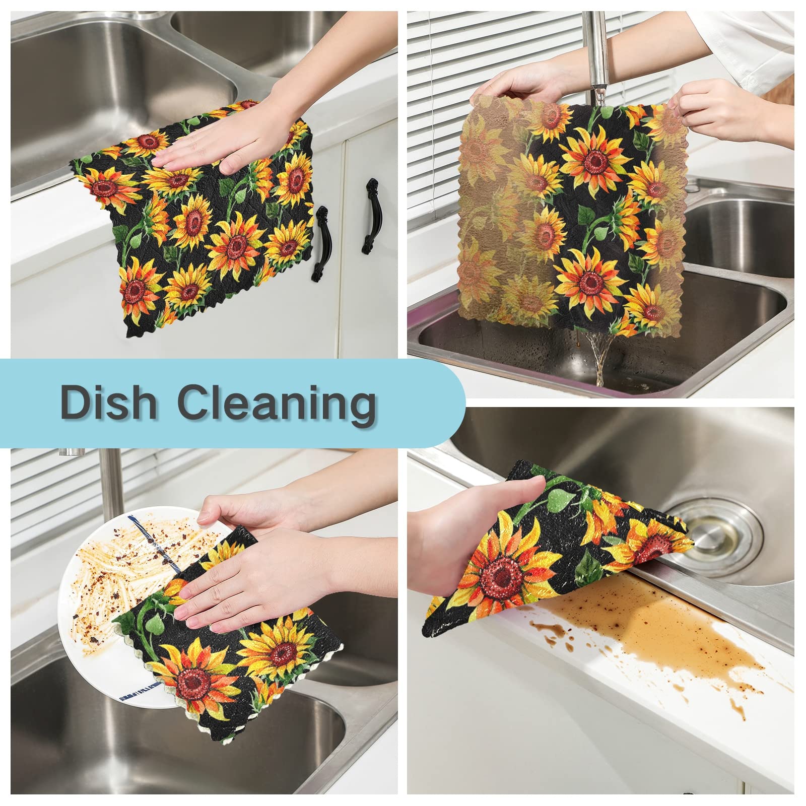 ALAZA Sunflower Floral Black Watercolor Stylish 6 Pack Kitchen Towels Dish Bar Tea Towel Dishcloths Fast Drying Super Soft 11 x 11 inches