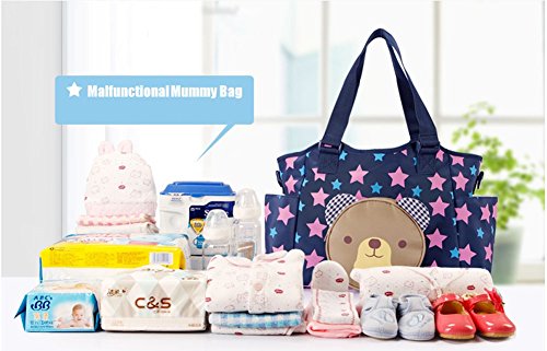 Mom Miya Large Capacity Multifunction Mummy Diaper Bag Tote Bag Mother Nappy Bag Set 3pcs Star Bear Design 2 Color (Blue)