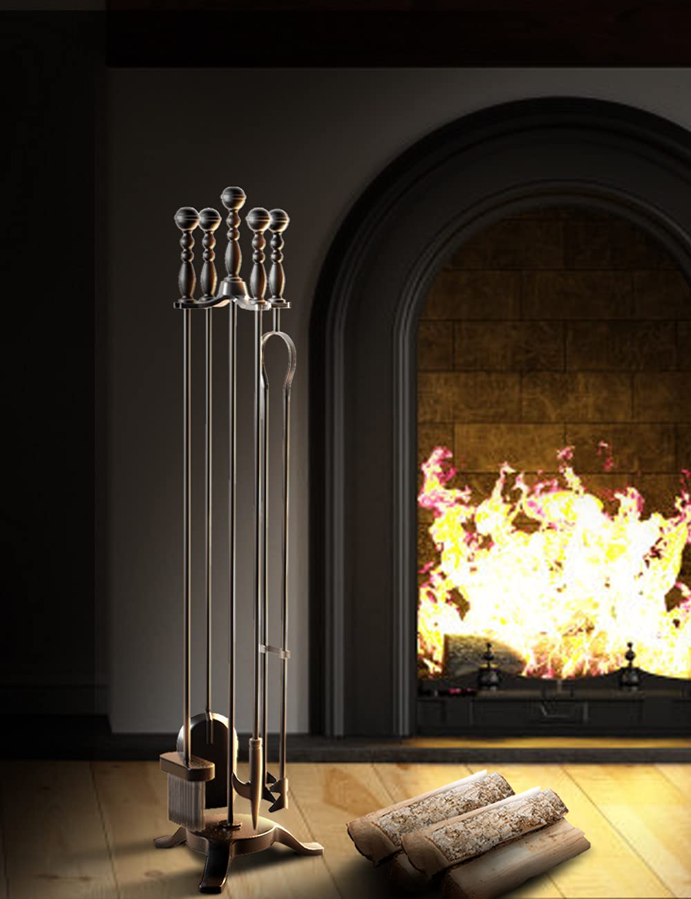COMFYHOME 5-Piece Fireplace Tools Set 32'', Heavy Duty Wrought Iron Fire Place Tool w/Long Fire Poker, Shovel, Tongs, Brush, Stand for Outdoor Indoor Chimney,Stove, Fire Pit Easy to Assemble,Black