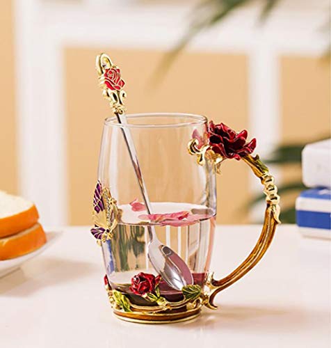 Guon-Wuvl Handicraft Crystal Glass 3D Flower Cups Tea Mug With Tea Spoon Women Coffee, Tea, Juice, Beer, Milk Hot And Cold Drinks Use Gift Package. (Rose Red Coffee Cup, 12 OZ)