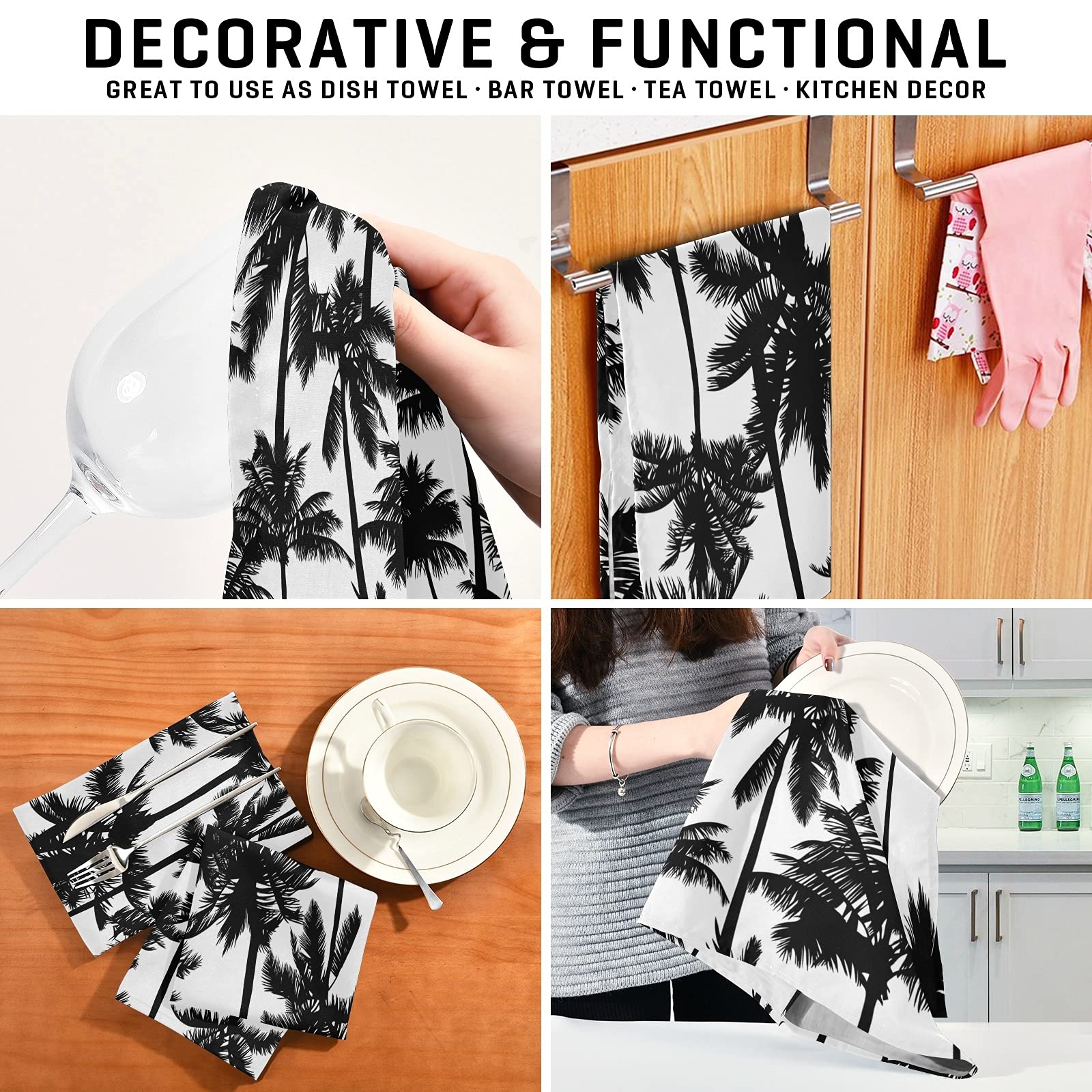 ALAZA Tropical Black Palm Tree White Decorative Kitchen Dish Towels Set of 4,Soft and Absorbent Kitchen Hand Towels Home Cleaning Towels Dishcloths,18 x 28 Inch