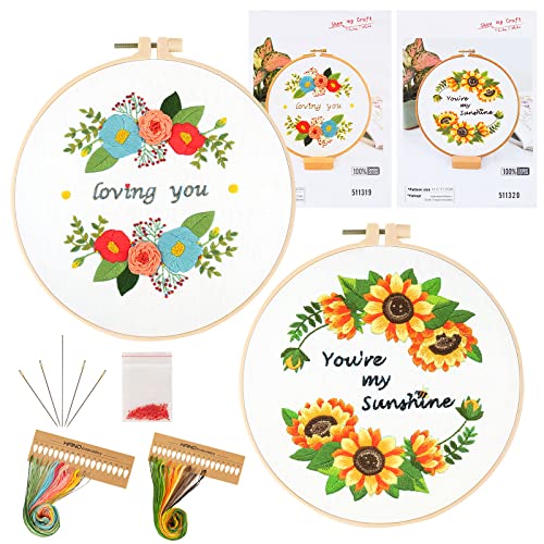 Fanquer Embroidery Kit for Adults 2 Pack Cross Stitch Kits with Pattern Beginners Hoops Needles & Color Threads Needlepoint Supplies Beginners, Multicolor