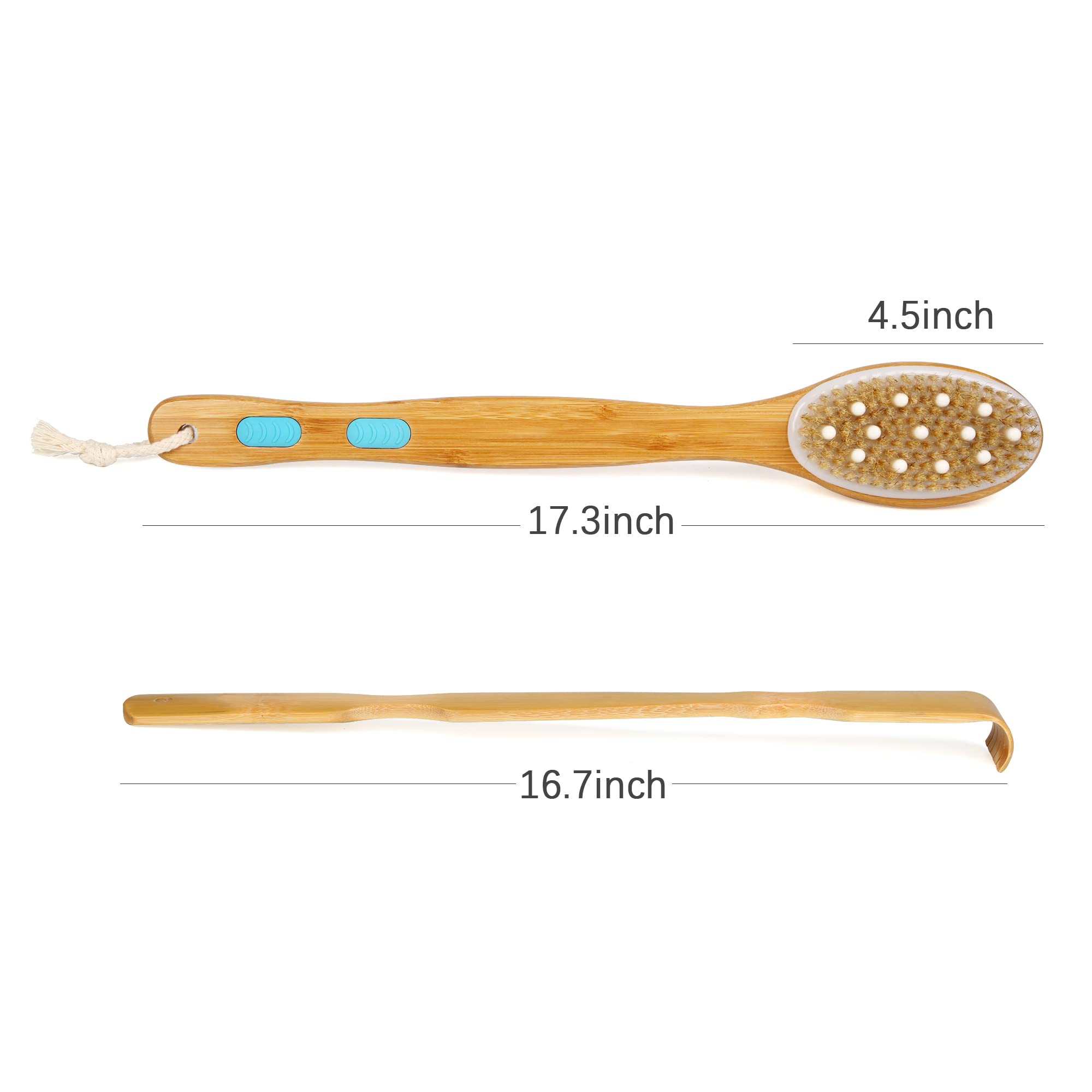 Body Shower Brush and Back Scratcher Set, Back Brush with Soft and Stiff Bristles, Exfoliating Skin and A Soft Scrub, Double-Sided Brush Head for Wet or Dry Brushing,Long Handle Cleans The Body Easily