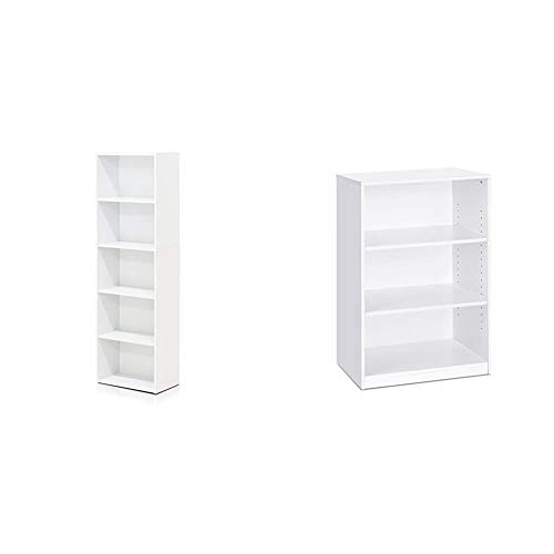 Furinno Luder Bookcase/Book/Storage, 5-Tier, White & FURINNO Jaya Simple Home 3-Tier Adjustable Shelf Bookcase, White