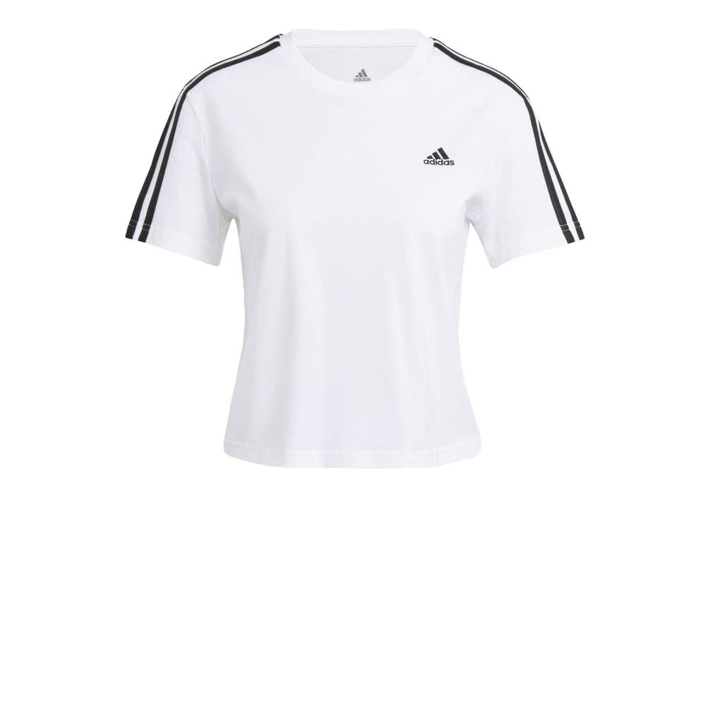 adidas Women's Essentials Loose 3-Stripes Cropped Tee, Pulse Lime/White, Large