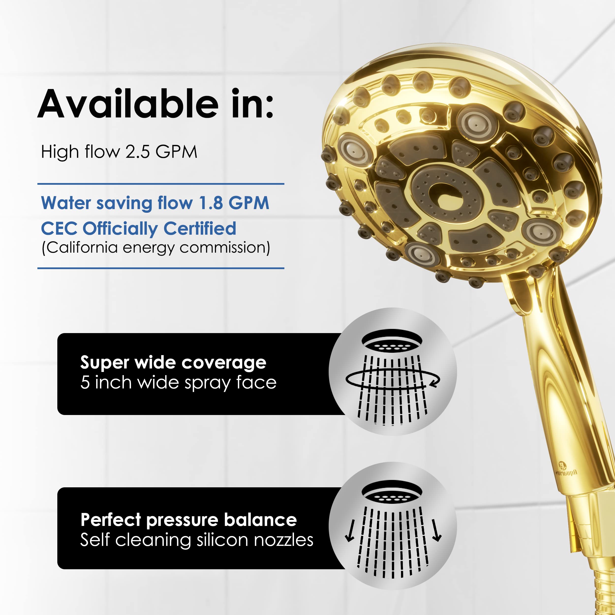 Aquarius Mist Handheld Gold Shower Head With Hose (Extra Long) Spa Grade High Pressure Hand Held Showerhead Wand With 6 Spray Settings β Adjustable Mount Holder & Teflon Tape - Polished Brass