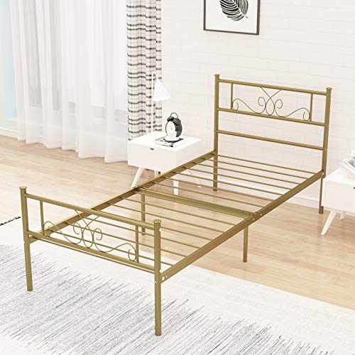 SimLife Twin Bed Frame with Headboard and Footboard Metal Platform Bed Frame Under Bed Storage Mattress Foundation No Box Spring Need Gold