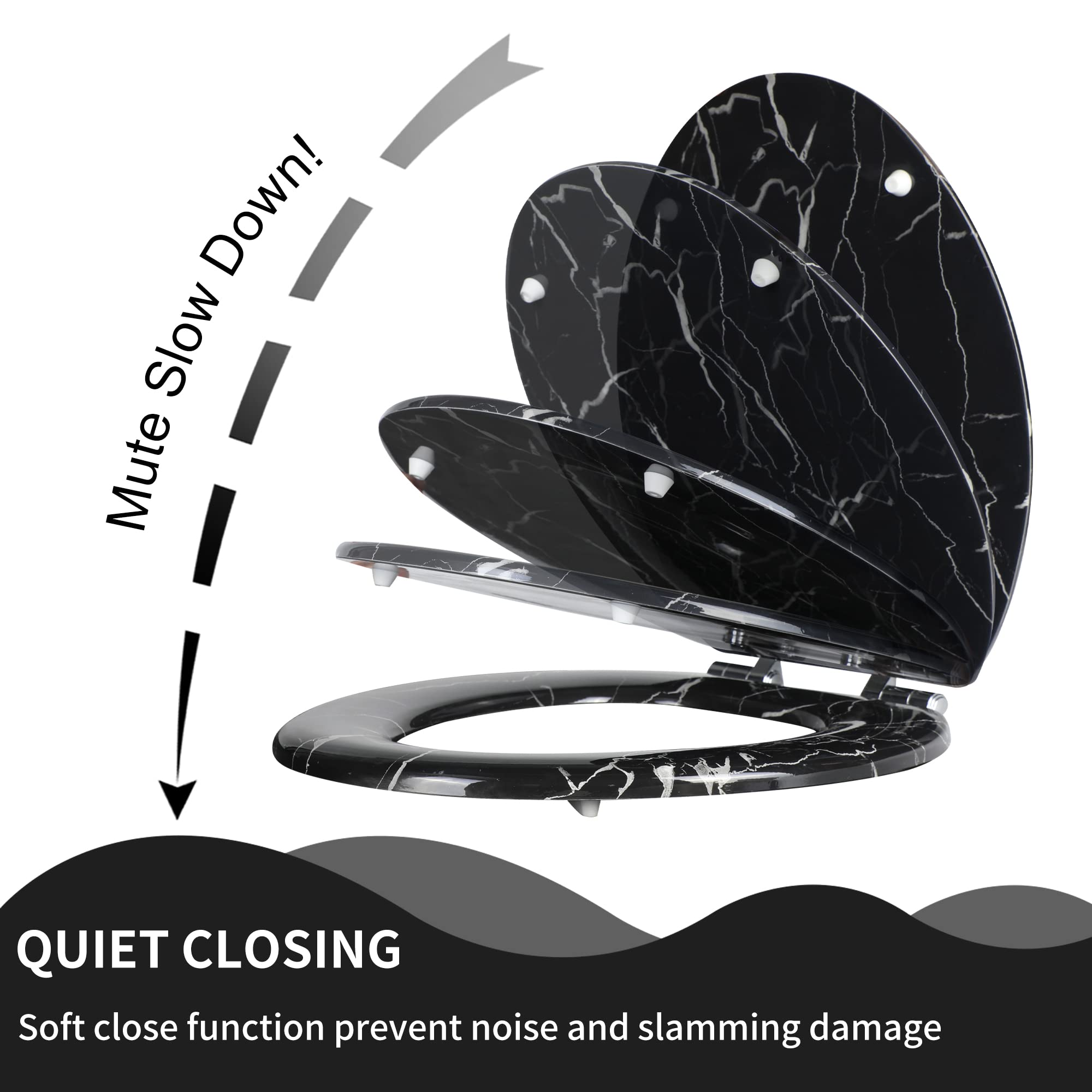Angel Shield Marble Toilet Seat Durable Molded Wood with Quiet Close,Easy Clean,Quick-Release Hinges (Round,Black Marble)