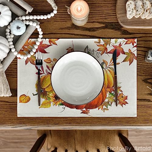 Artoid Mode Pumpkins Maple Leaves Fall Placemats Set of 4, 12x18 Inch Seasonal Autumn Thanksgiving Table Mats for Party Kitchen Dining Decoration