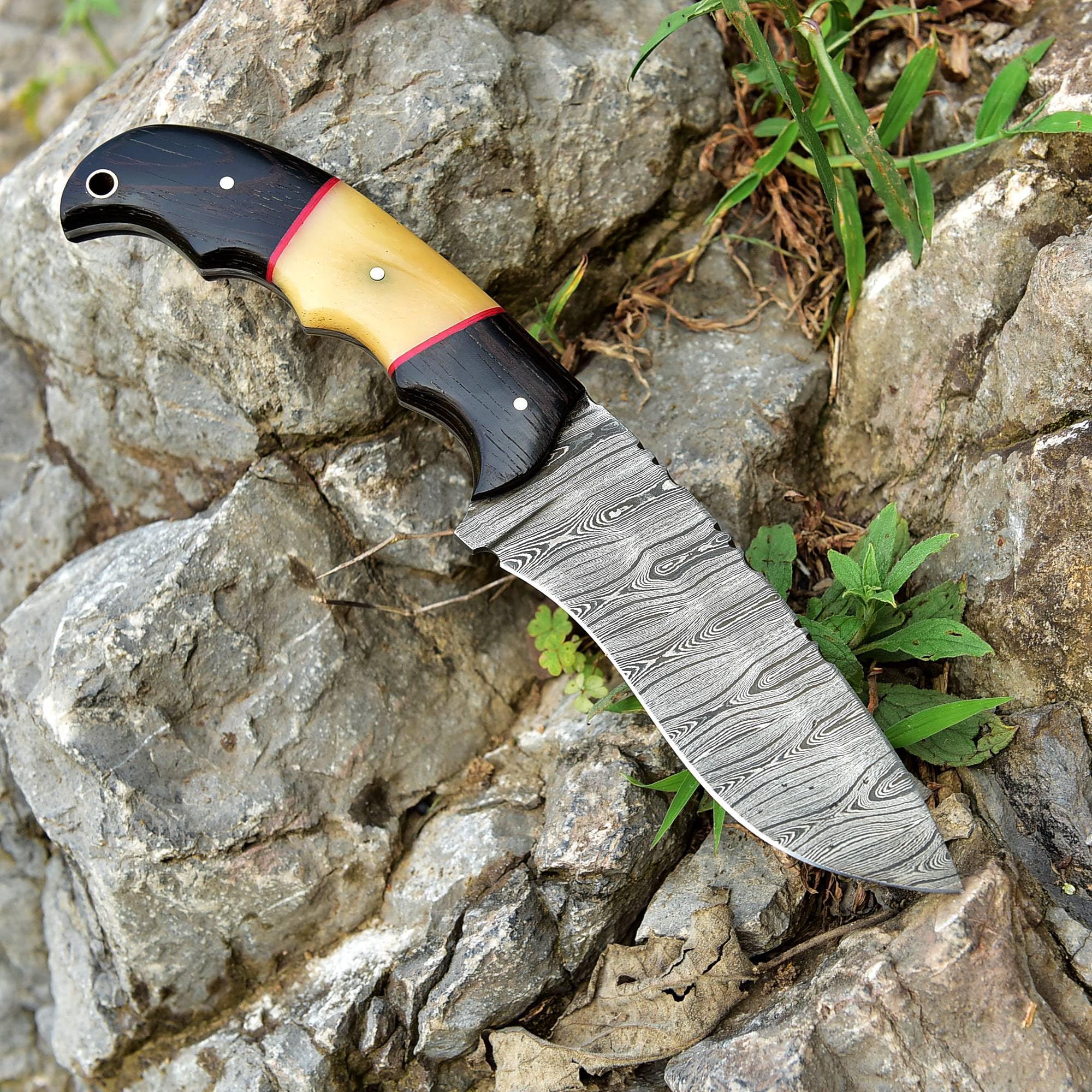 AA Knives 9.25 Inch Handmade Damascus Steel Fixed Blade Hunting knife with Leather Sheath β Perfect for Hunting and Survival with Wenge Wood & Camel Bone Handle
