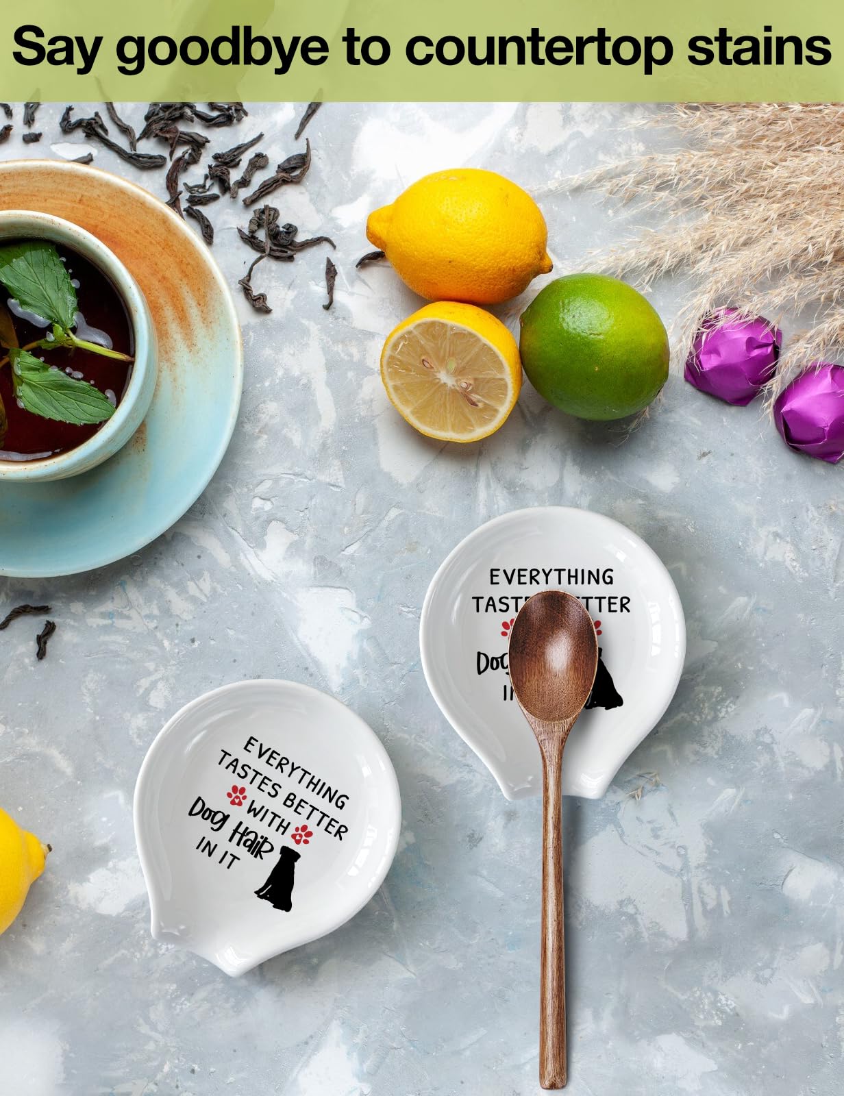 WHING Funny White Ceramic Coffee Tea Spoon Rest, Everything Tastes Better With Dog Hair in it - Coffee Station Decor Coffee Holder Accessories Gift for Coffee Lovers Friends
