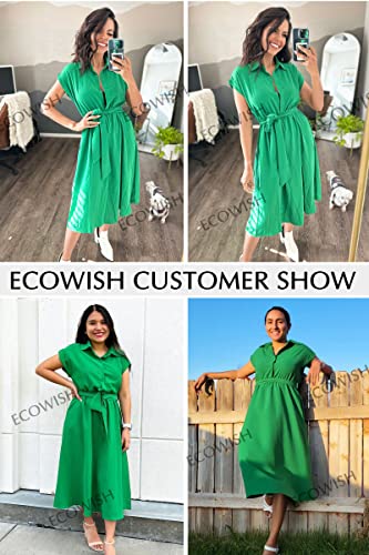 ECOWISH Womens Casual Midi Dresses Solid V Neck Short Sleeve Shirt Dress with Pockets for Spring Summer 2023 Green L
