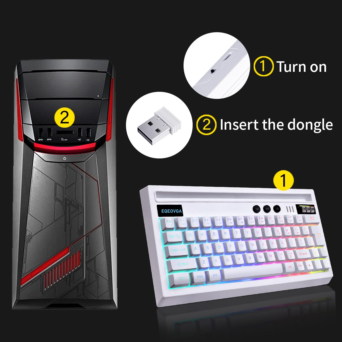 EQEOVGA L640 60% Wireless Gaming Keyboard,3300mAh Battery 2.4G Wireless Stand Design,RGB Backlit Waterproof Mini Compact 63 Key for PC/Mac Gamer, Typist, Travel, Easy to Carry on Business Trip(White)