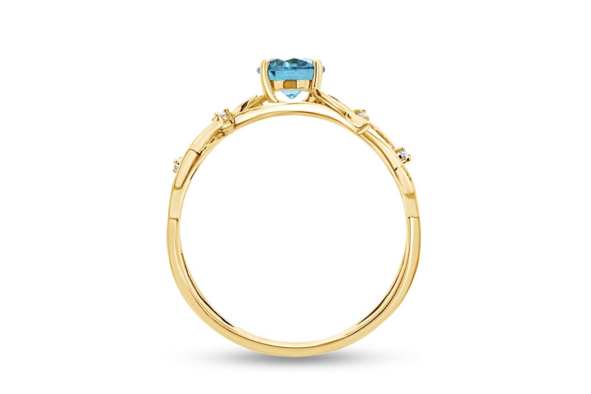 AFFY 6MM Round Cut Simulated Aquamarine & White Cubic Zirconia Floral Ring 14k Yellow Gold Over Sterling Silver Ring Size-8.5