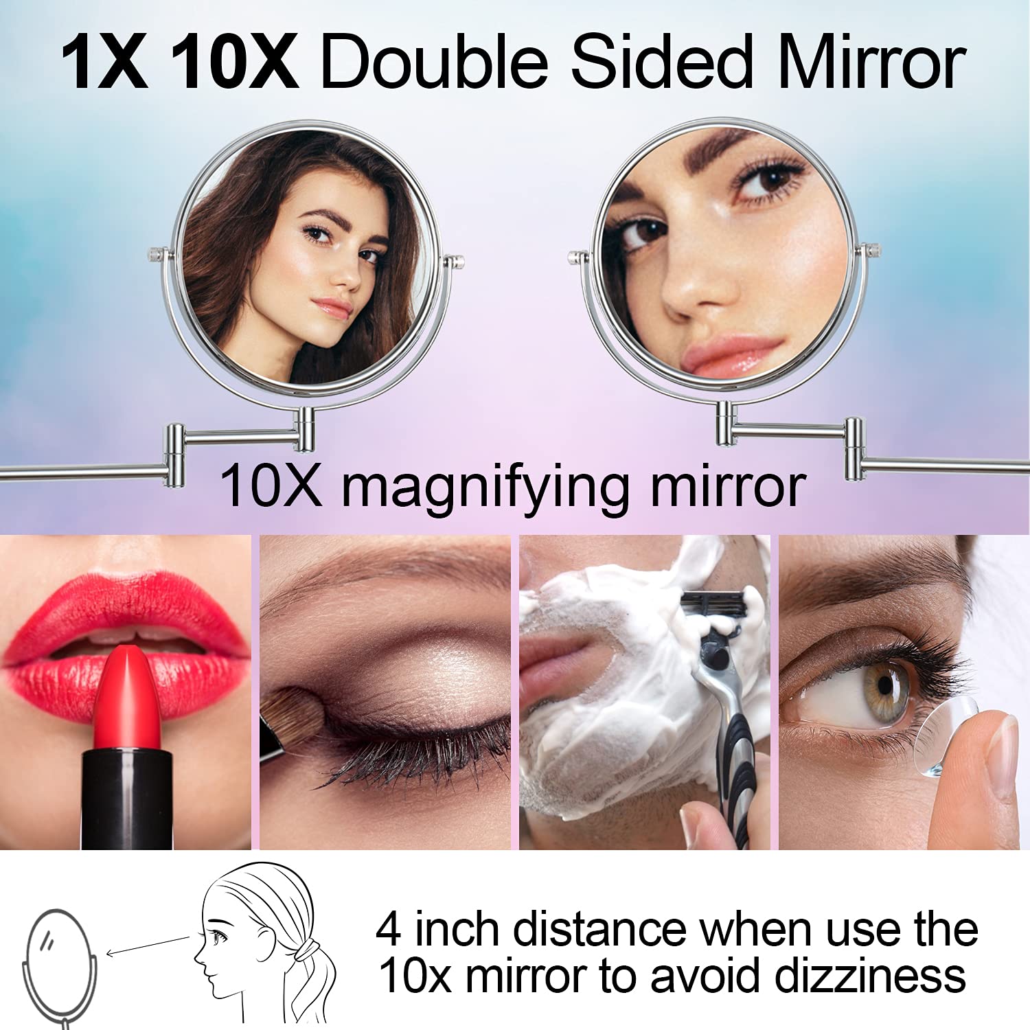 LANSI Wall Mounted Makeup Mirror, 10x/1x Double-Sided Magnifying Mirror, 360° Extendable Arm Bathroom Mirror, 8 inch Vanity Mirror for Makeup or Shaving Chrome Finish