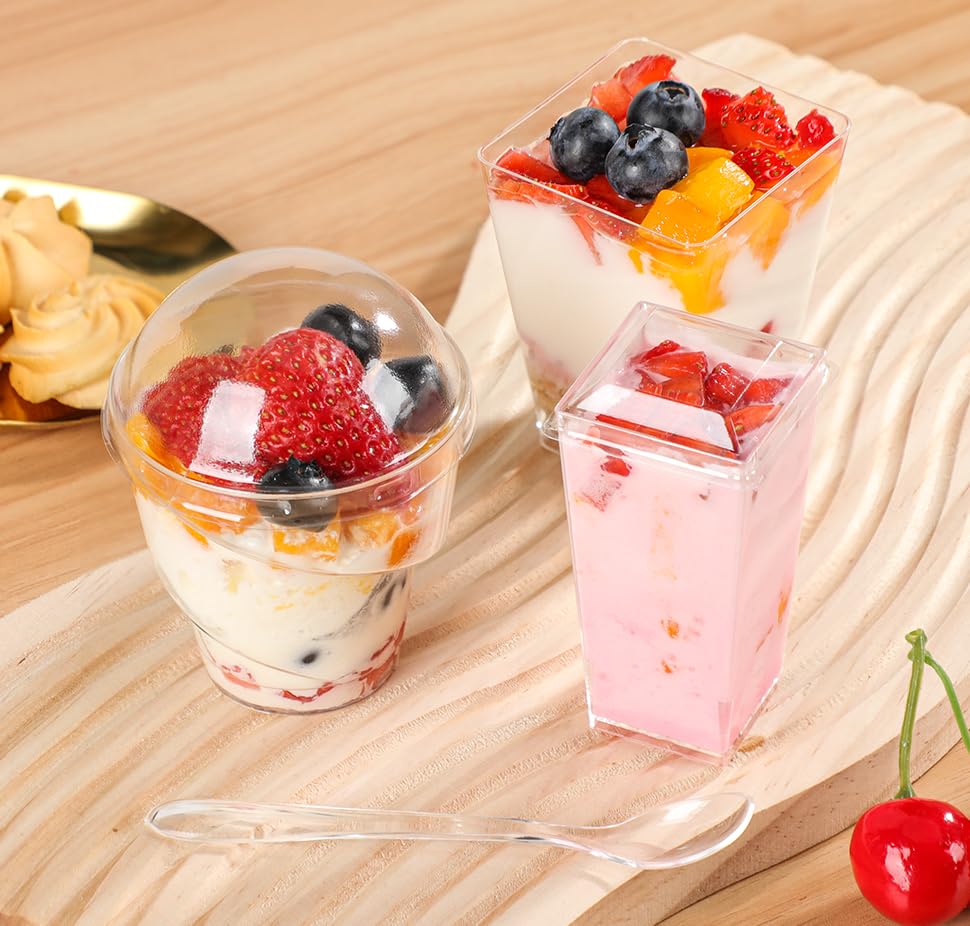 EASERCY 75 Pack 3 oz / 4.8 oz / 5 oz Plastic Dessert Cups with Lids and Spoons, Parfait Cups with Lids Appetizer Cups for Party, Mini Dessert Cups with Spoons for Pudding Fruit