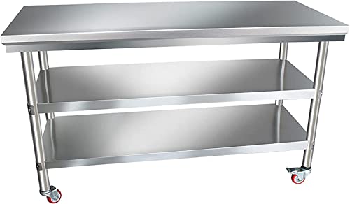 Commercial Kitchen Work Catering Table, Kitchen Work Table Stainless Steel Worktable Commercial Heavy Duty Prep Workbench with 4 Casters (Wheels) for Restaurant, Hotel Rack (Size : 100x60x85cm)