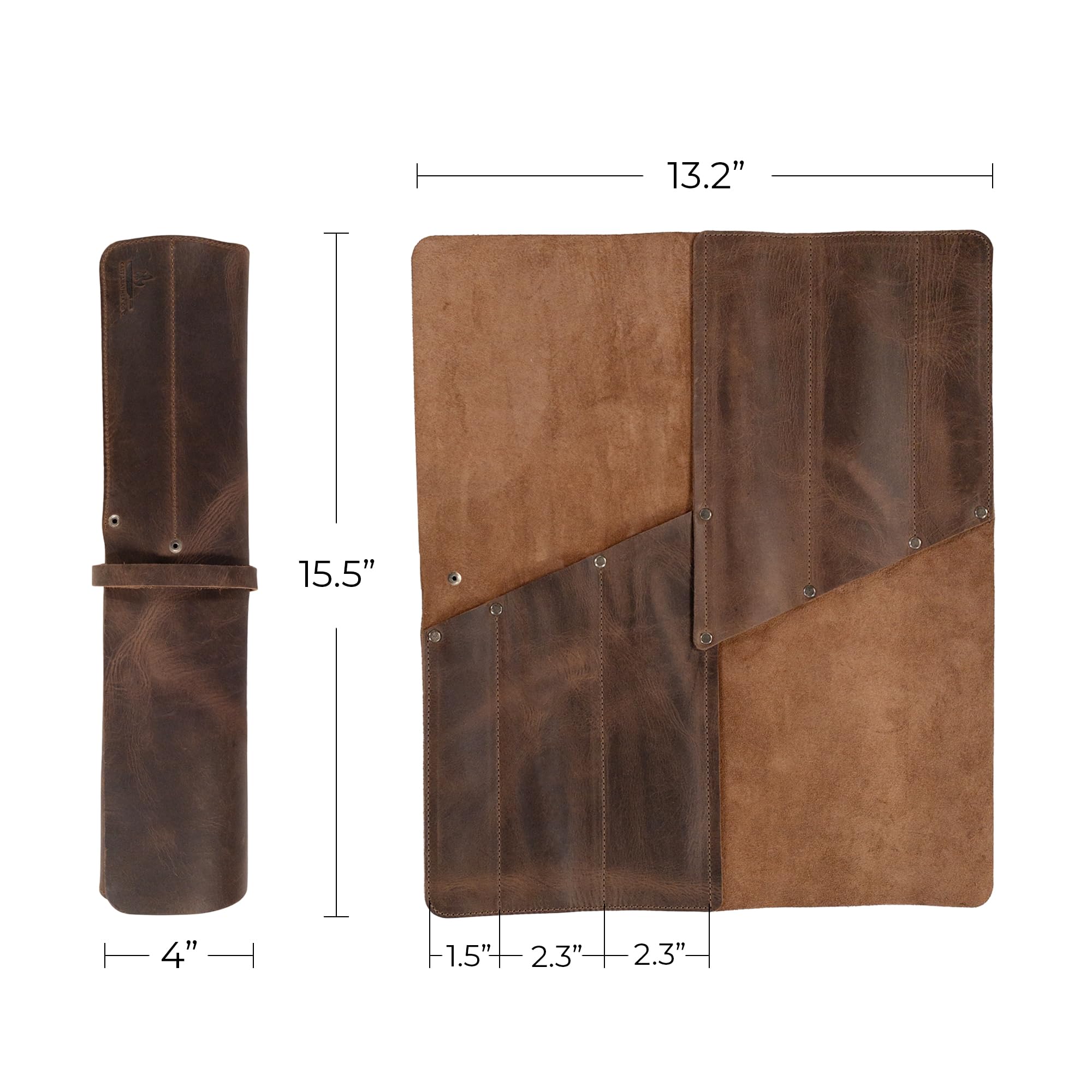 Cast Leather Co., Rectangular Knife Roll with 6 Slots, Portable Knife Organizer Case, Travel Bag, Cooking Accessory, Full Grain Leather, Handmade, Bourbon Brown