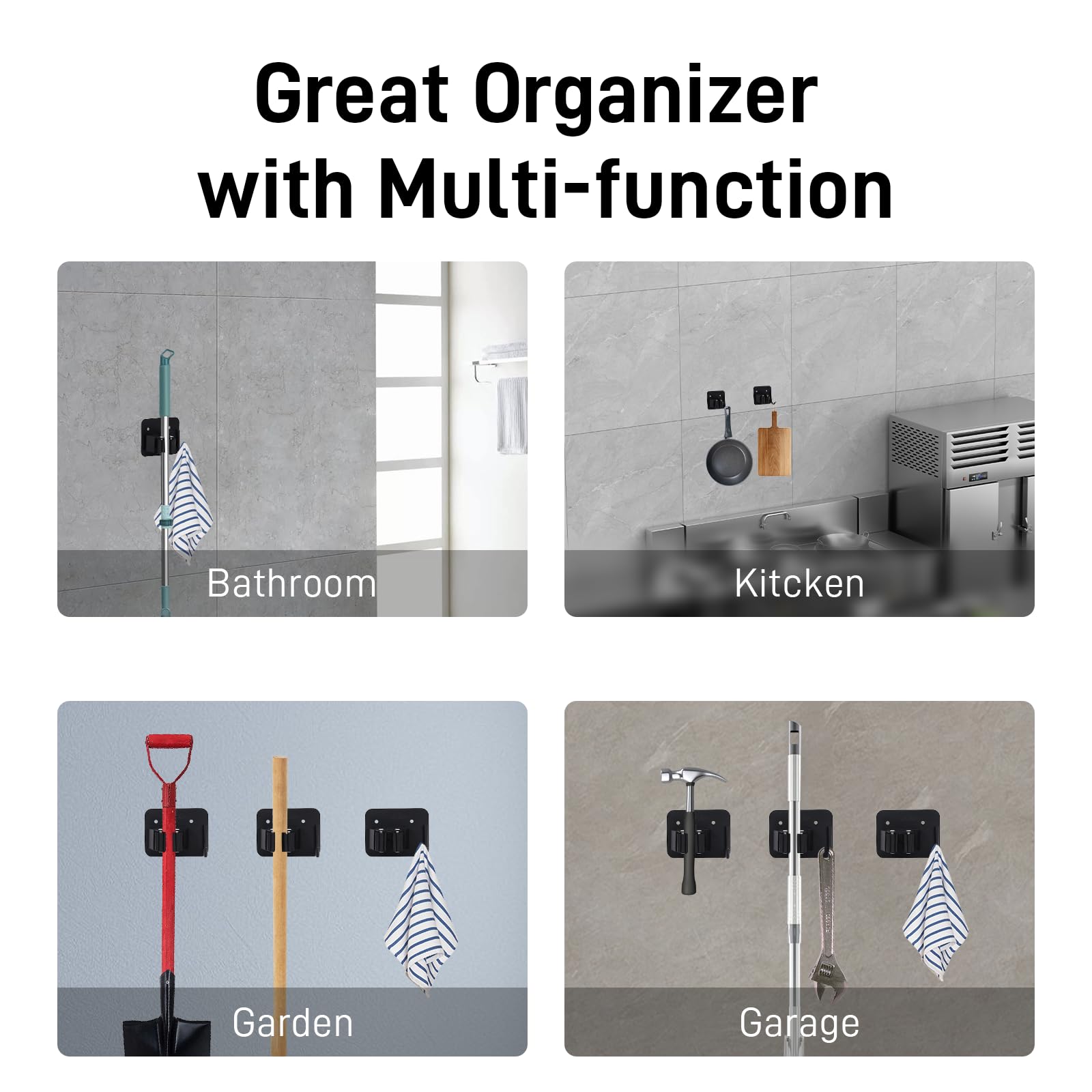 AACGIN 5 Pack Broom Holder Stainless Steel Rust Resistant Broom Hanger with Hooks Screw Drilling Heavy Duty Mop and Broom Holder Wall Mount for Bathroom Kitchen Laundry Room Garage Storage - Silver
