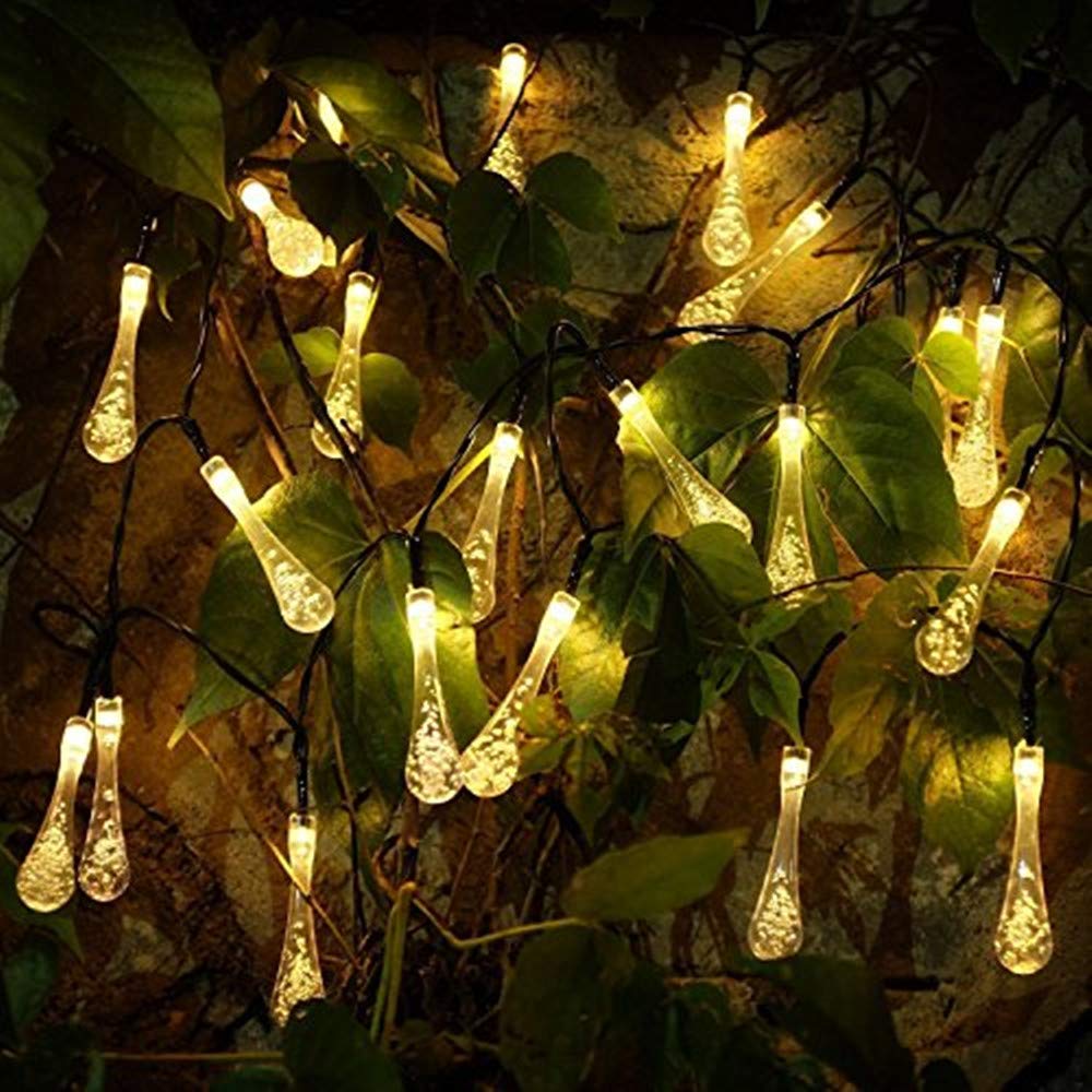Berocia Solar String Lights Outdoor Waterproof, 20ft 30 LED 8 Modes Outdoor Water Drop Solar Powered String Lights for Patio, Solar Garden Lights for Yard Porch Wedding Party Decoration