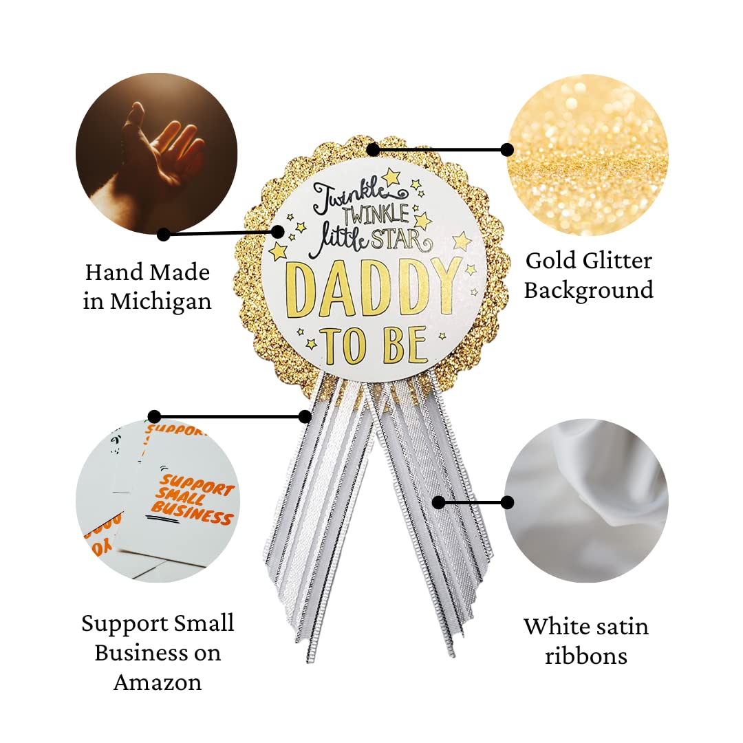 Amy's Bubbling Boutique Twinkle Little Star Baby Shower Mommy Sash & Daddy to Be Pin White & Gold Gift Set