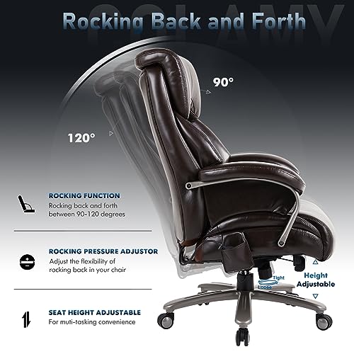 Big and Tall Office Chair 500lbs-Heavy Duty Ergonomic Computer Chair with Extra Wide Seat, High Back Executive Large Desk Chair with Thick Seat and Tilt Rock, Adjustable Lumbar Support-Brown