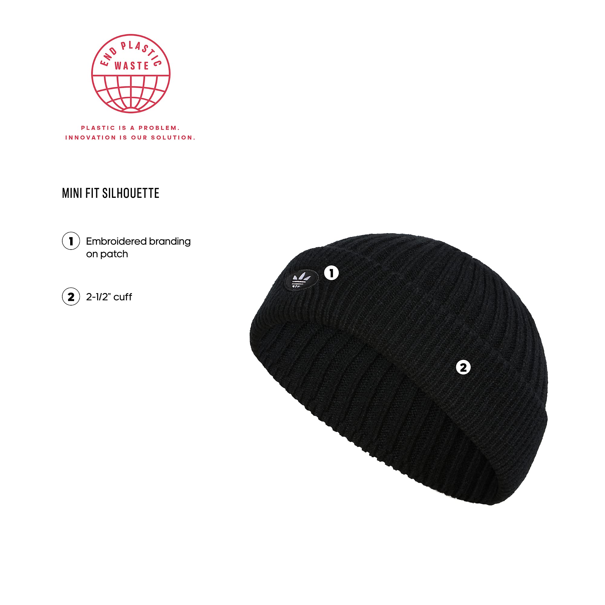 adidas Originals Short Fit Sport Beanie, Black/White, One Size