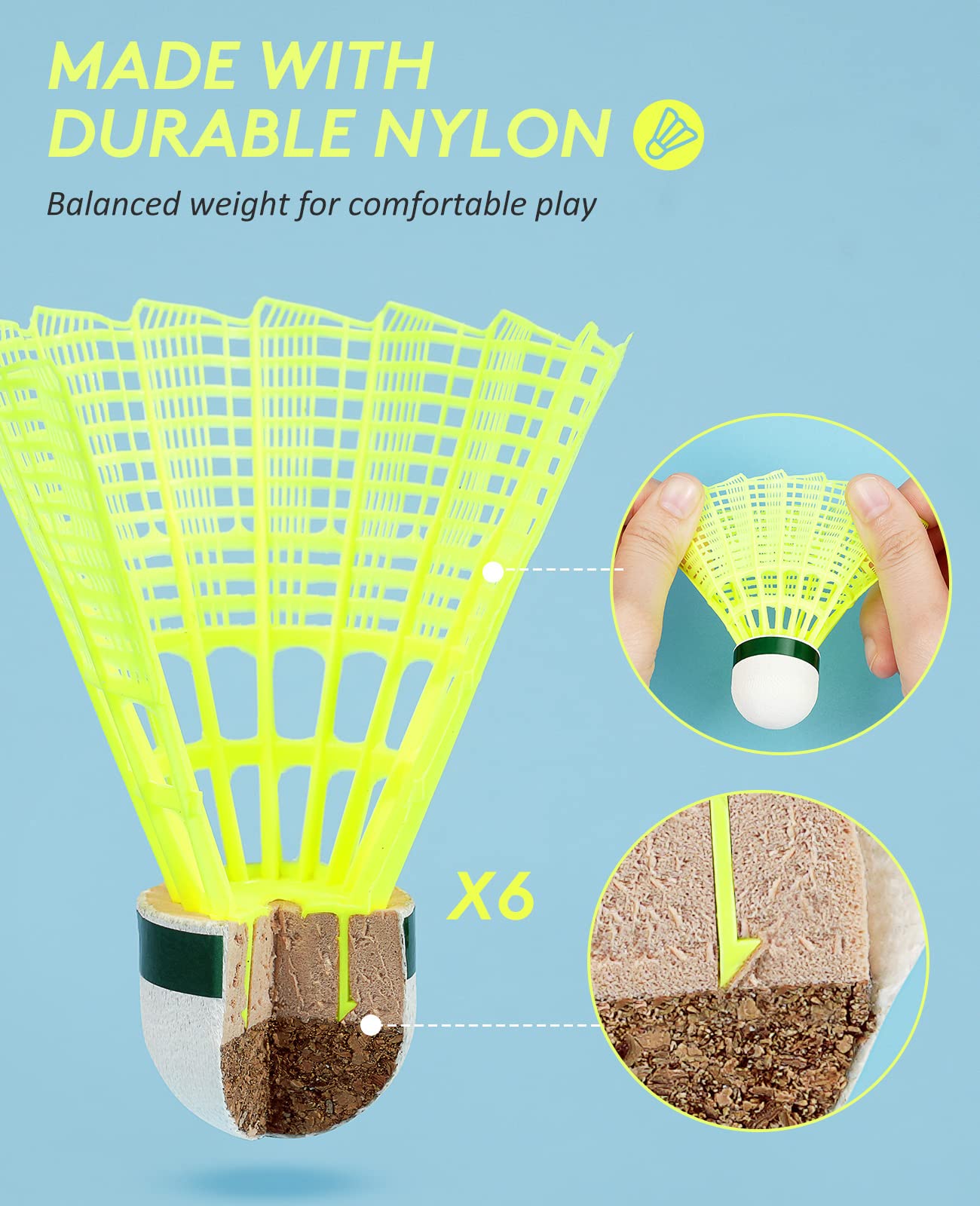 AboveGenius Badminton Rackets Set of 6 for Outdoor Backyard Games, Including 6 Rackets, 6 Nylon Badminton Shuttlecocks, Lightweight Badminton Racquets for Beginners