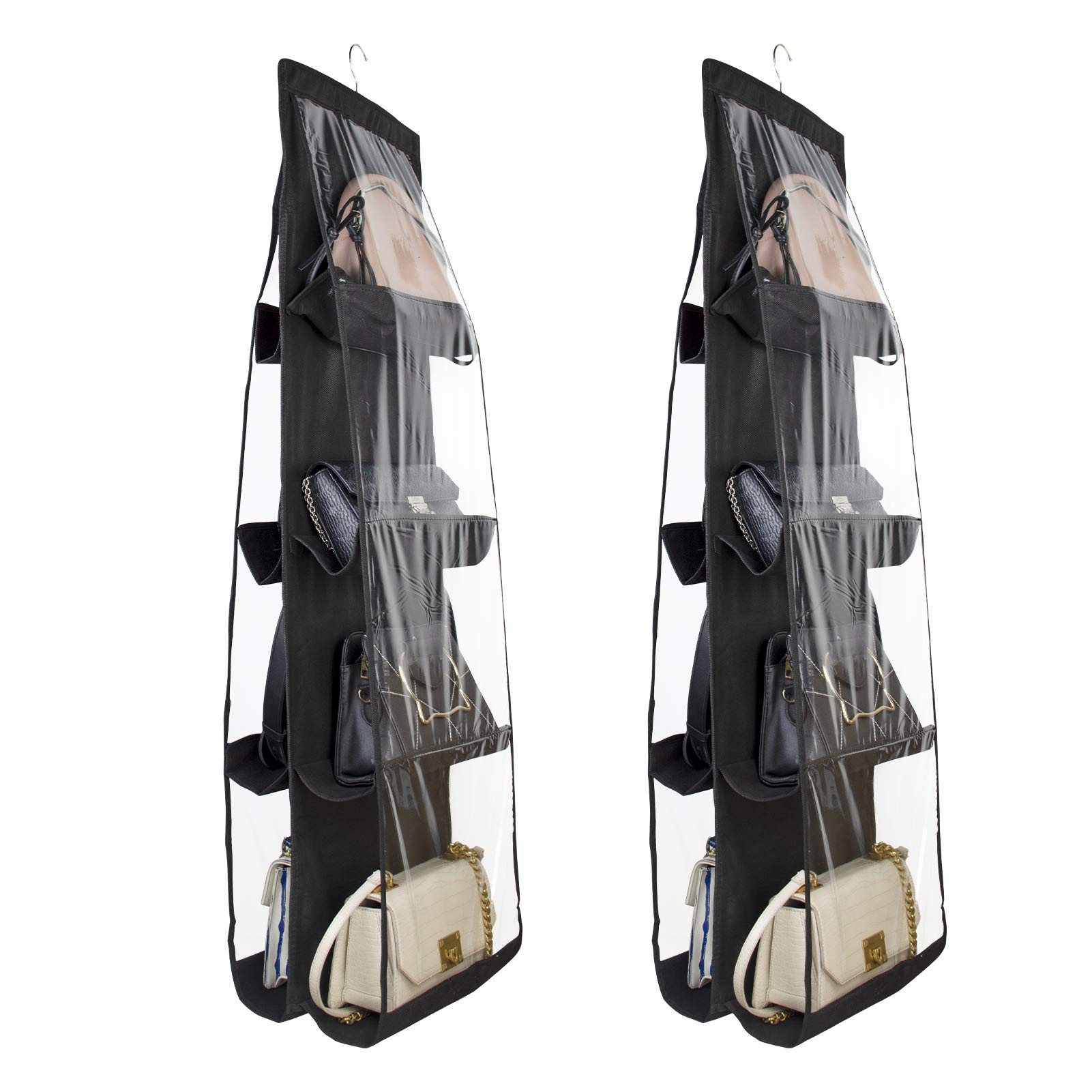 EsLuker.ly 2Pcs Hanging Purse Bag Organizers with 8 Large Easy Access Pockets, Premium Clear Handbag Storage Holder Space Saving Organizer System for Closet Wardrobe (Black)