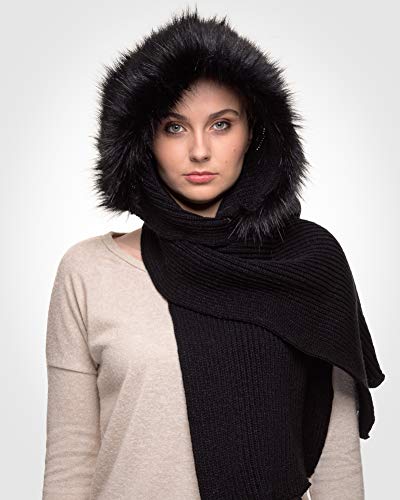 Futrzane Faux Fur Hooded Scarf for Women - Versatile Knitted Cowl for Winter (Black - Black Raccoon)