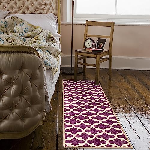 Machine Washable Moroccan Trellis Design Non-Slip Rubberback 2x5 Traditional Indoor Runner Rug for Hallway, Kitchen, Bedroom, Entryway, 20" x 59", Purple