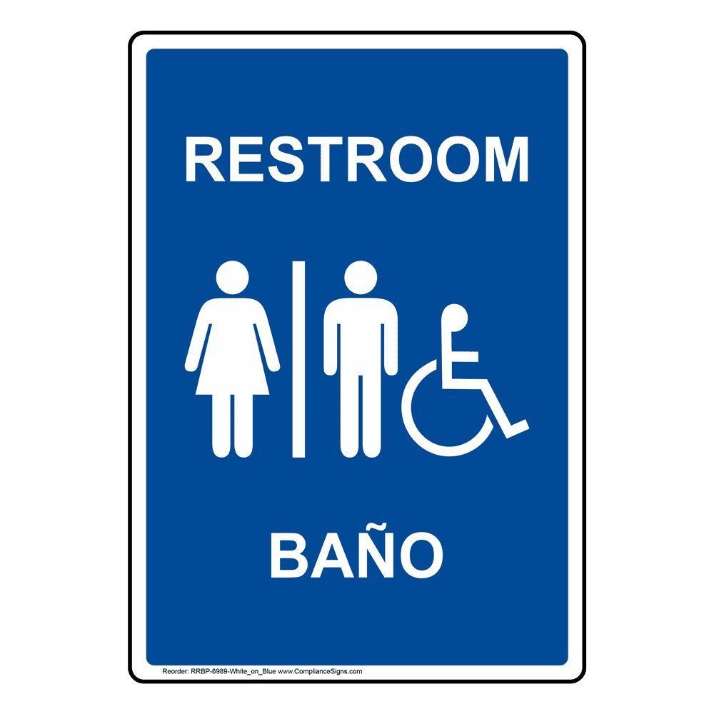 ComplianceSigns.com Vertical Blue Wheelchair Accessible Restroom - BaĂąo English + Spanish Label Decal, 5x3.5 in. 4-Pack Vinyl for Restrooms