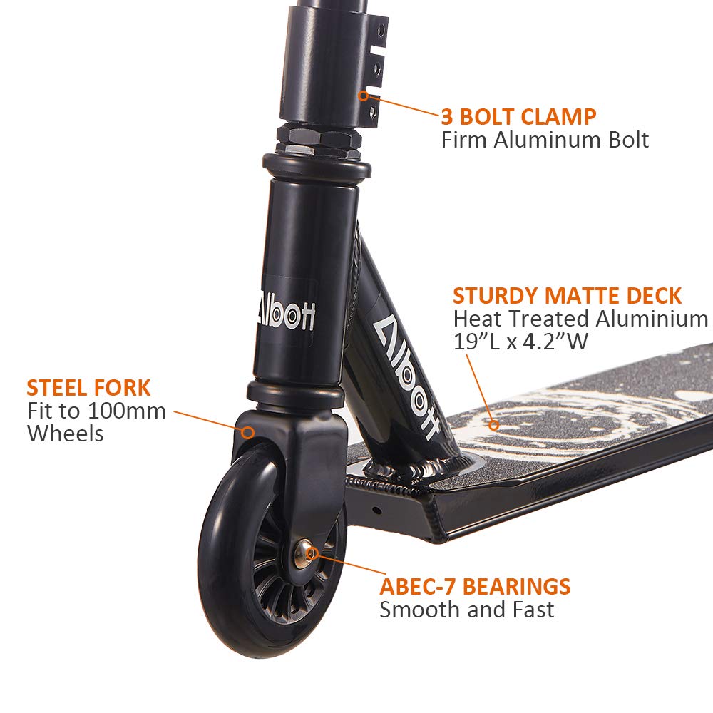 Albott Pro Stunt Scooter Complete Trick Scooters Aluminum Entry Level Freestyle Kick Scooters for Kids 8 Years and Up, Boys, Children, Teens, Black (Circle Pattern Deck)