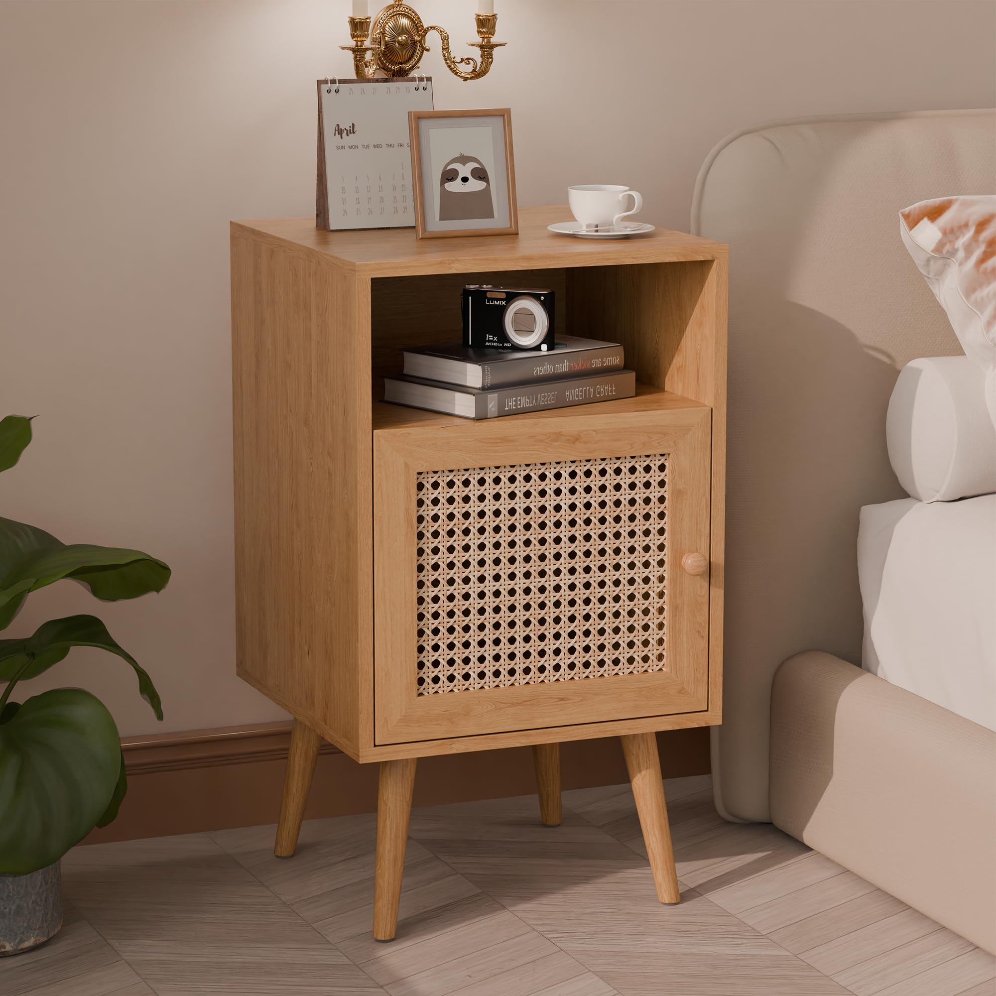 Xilingol Modern Rattan Nightstand, Boho Side Table with Handmade Rattan Decorated Door, Wood Bedside Table with Open Storage Shelf for Bedroom,Natural (no Charging Station, 1)