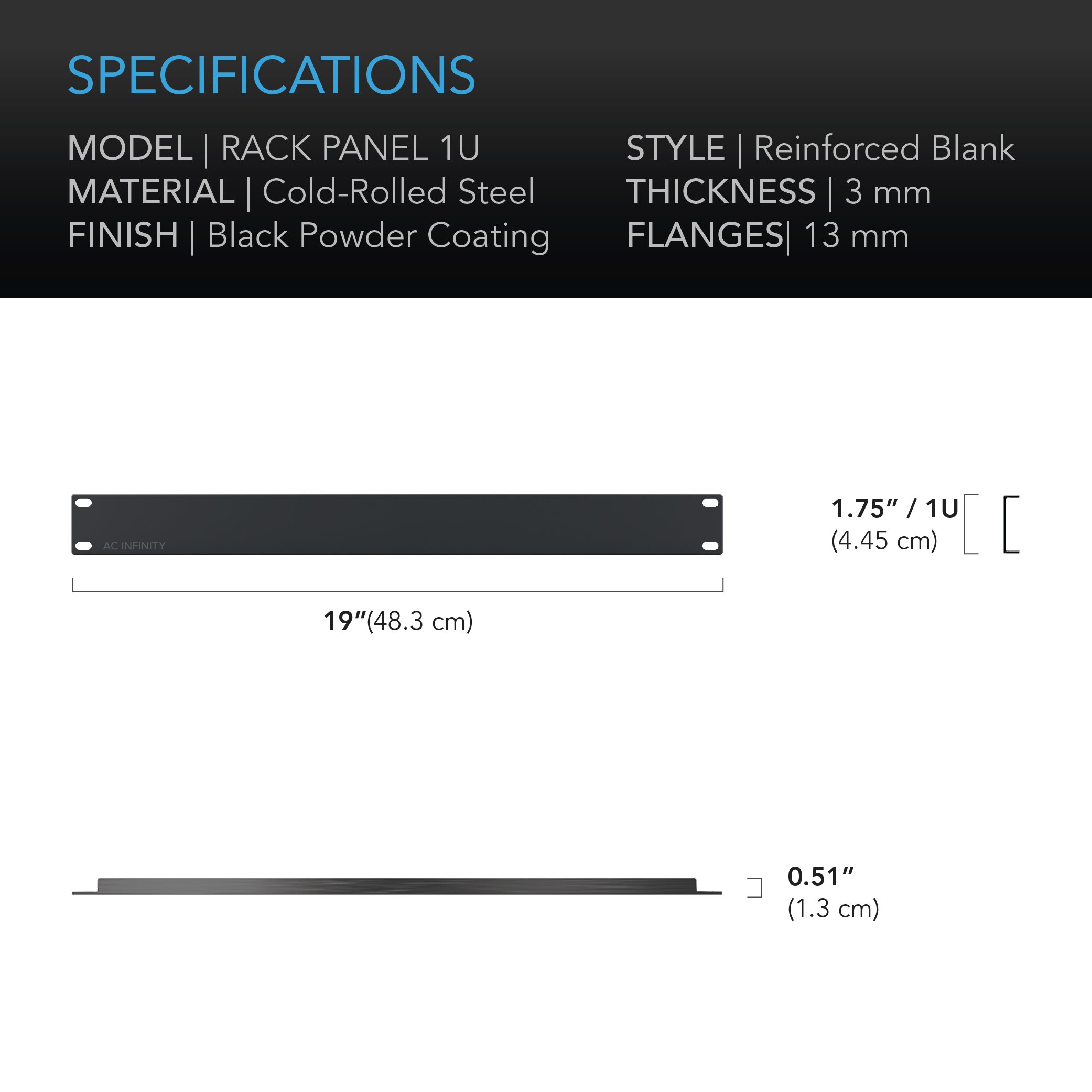 AC Infinity Rack Panel Accessory Blank 1U Space for 19" Rackmount, Heavy-Duty 3mm Gauge Steel, Black