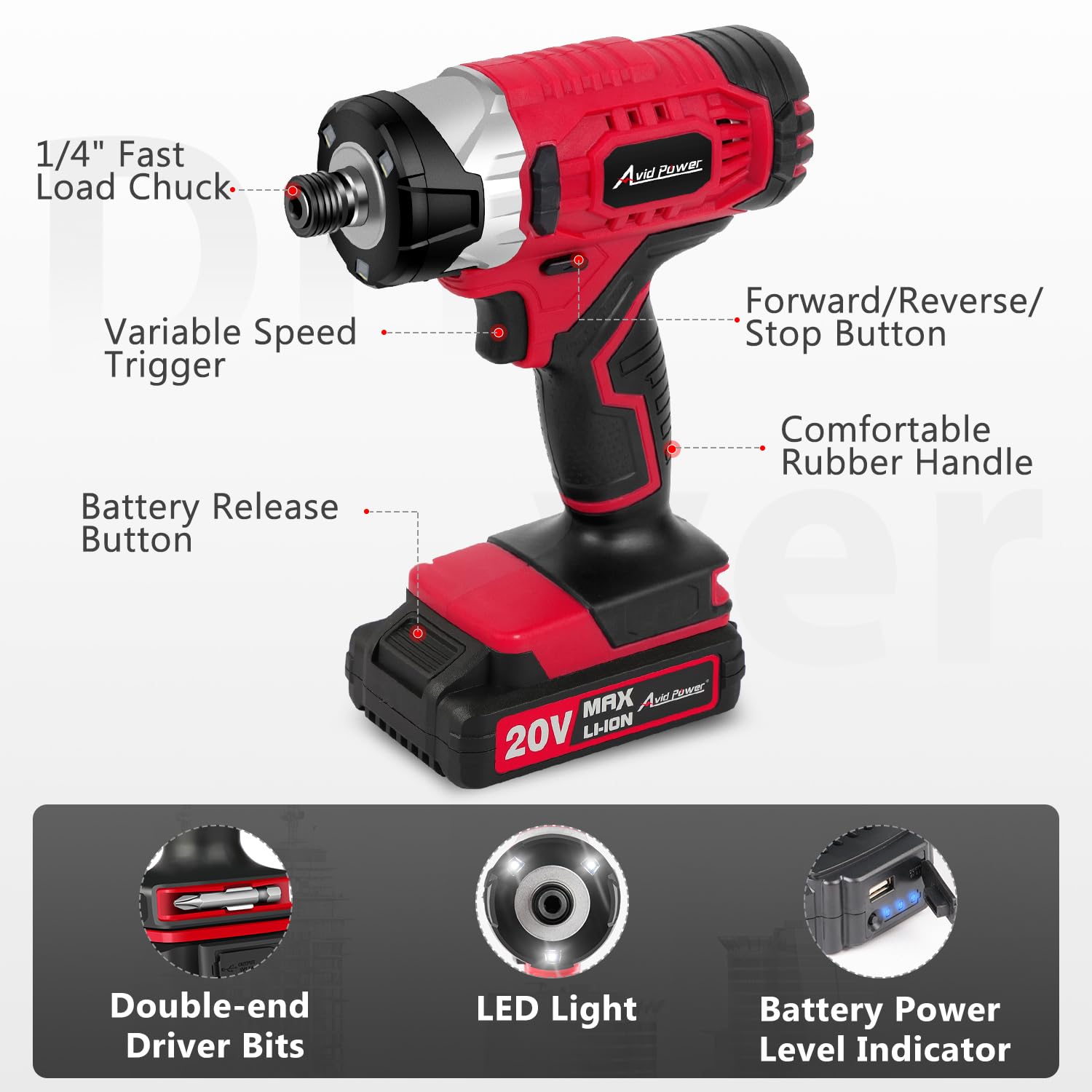 AVID POWER Impact Driver Kit, 180N.m. 20V Cordless 1/4-Inch Hex Impact Drill/Driver Set, Variable Speed, with 14Pcs Sockets, 10Pcs Driver Bits and Tool Bag