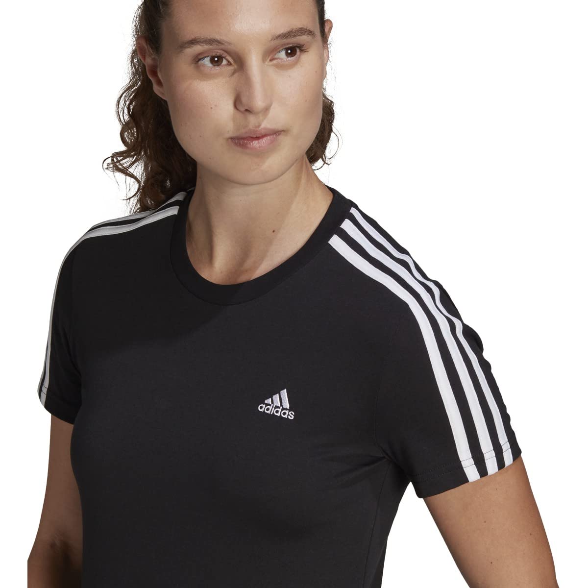 adidas womens Essentials Slim 3-stripes Tee Shirt, Black/White, Medium US