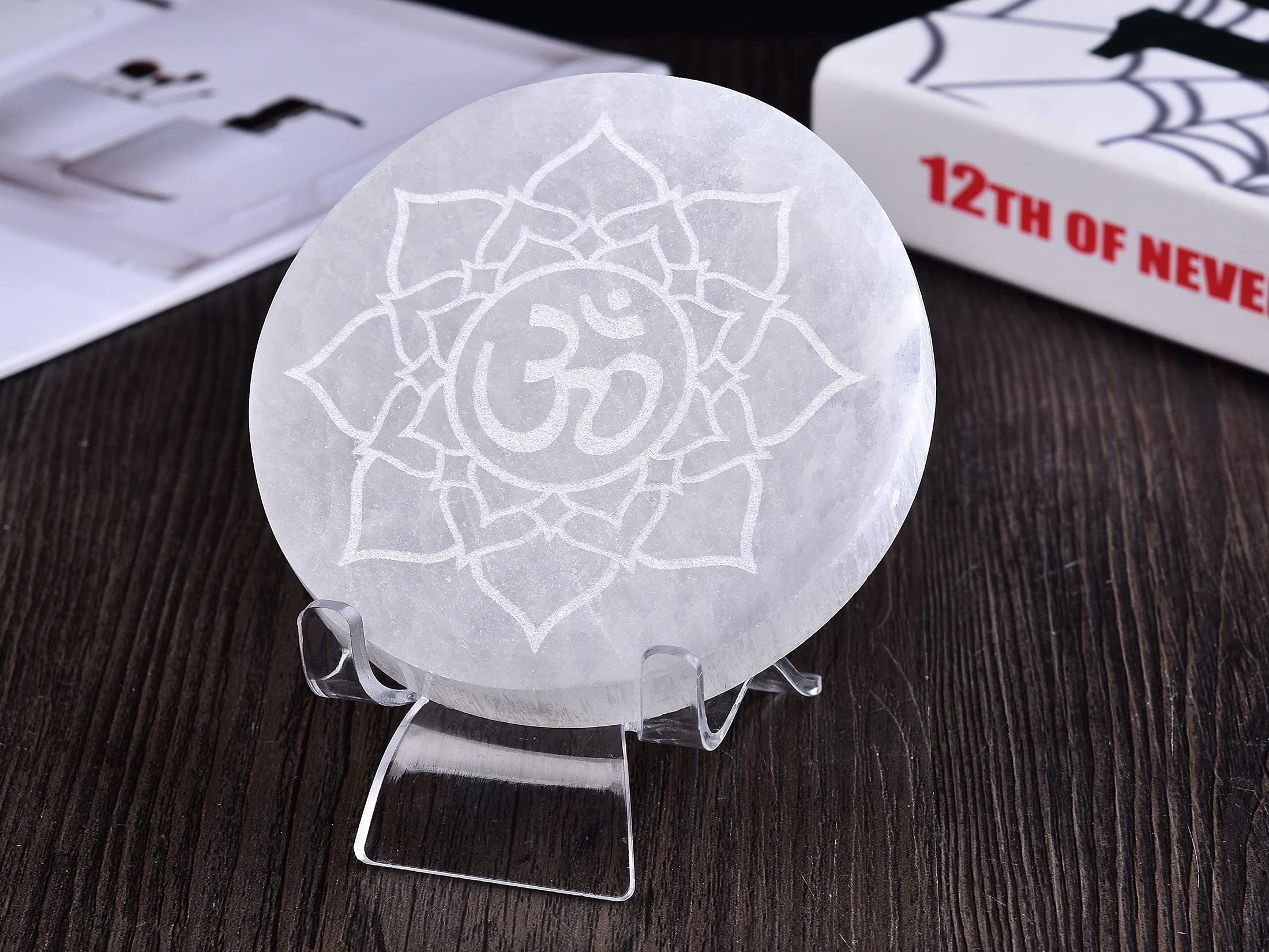 AMOYSTONE 4" Round Selenite Plate Flower Etched Selenite Slab for Cleansing Charging Crystals
