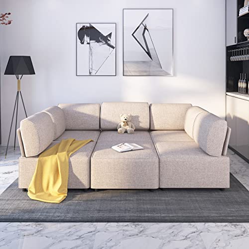 CECER U Shaped Modular Sectional Sofa, Convertible L Shaped Couch Sofa, Queen Sleeper Sofa, Variable Modular Oversized Couches for Living Room, (Beige)