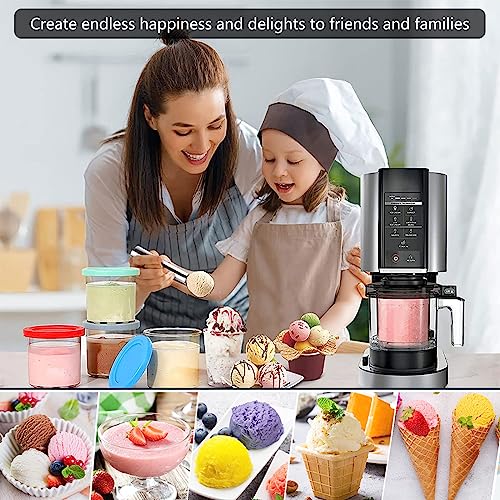 BBAUER Ice Cream Pints Containers 4 Pack for Ninja Creami Pints and Lids,16oz Cup Compatible with NC301 NC300 NC299AMZ Series Ice Cream Maker,Reusable,4 PC Ice Cream Spoons,Pink/Green/Grey/Blue