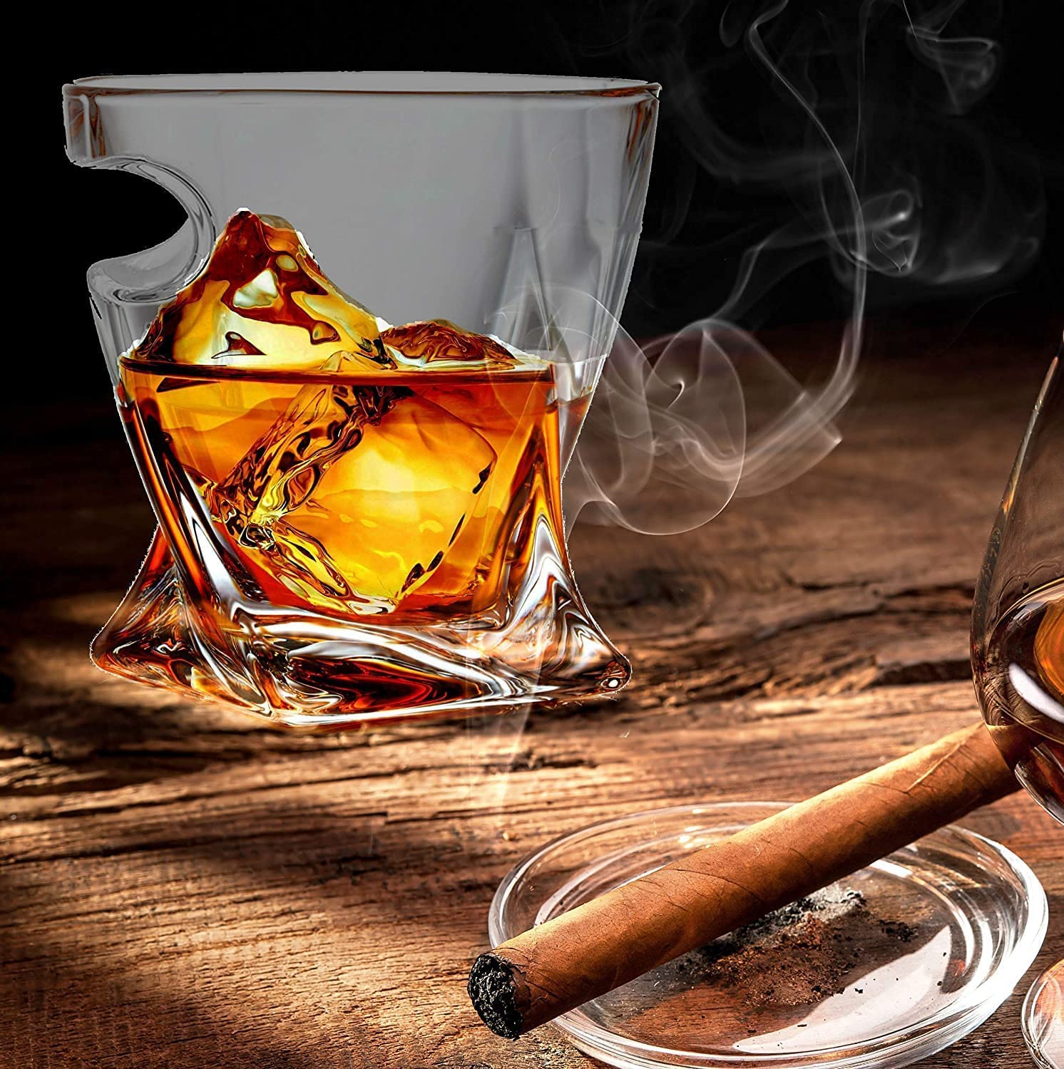Bezrat Whiskey Cigar Glasses Gift Set - with Side Mounted Cigar Rest - Whisky Chilling Stones and accessories in Wooden Box - Scotch Bourbon Christmas Gift for Dad, Husband, Fathers Day, Birthday