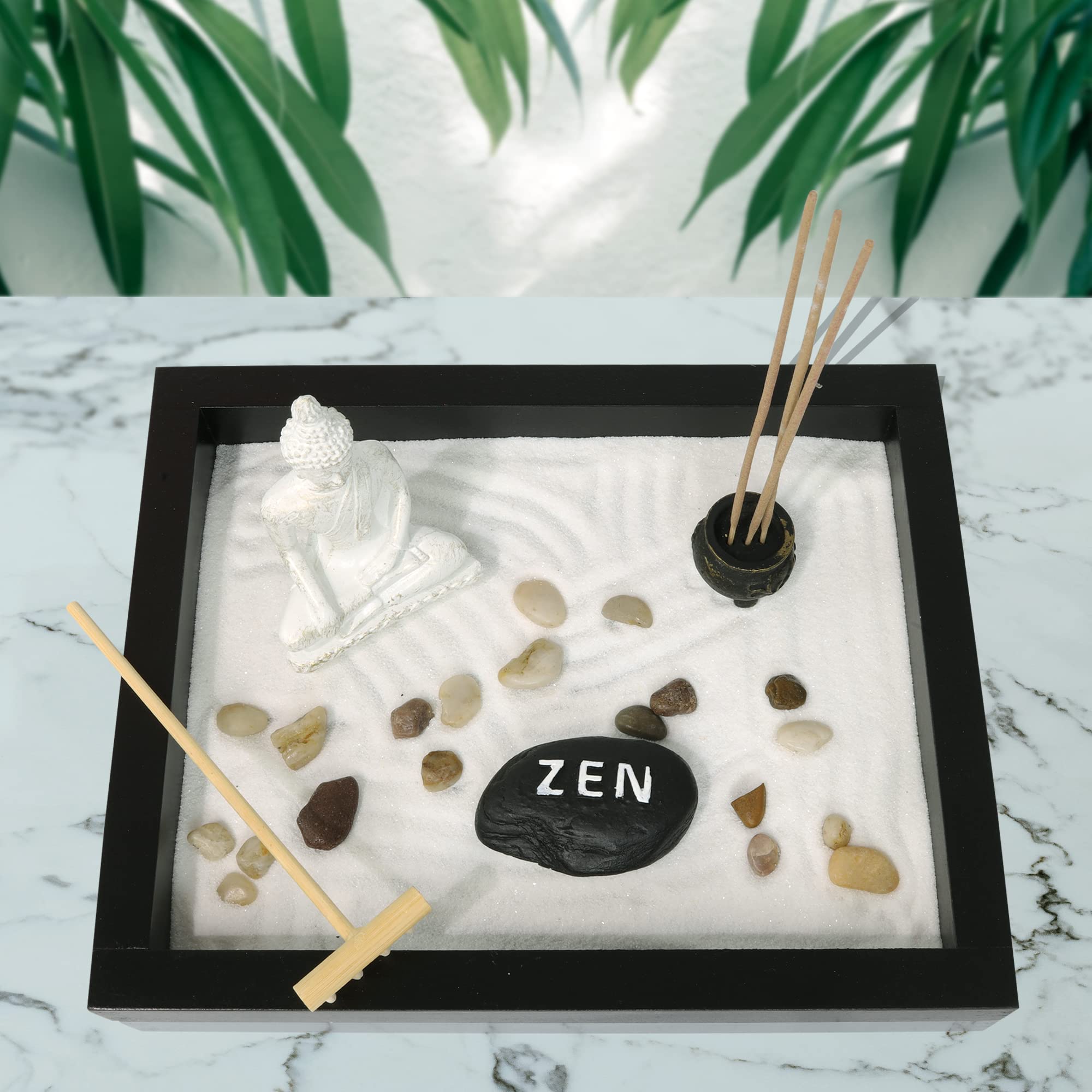 Japanese Mini Zen Garden Sand Box Kit with Incense Holder and White Miniature Buddha Statue - Zen Decor for Relaxation and Meditation - Home Decor, Office Accessory, Gift Set